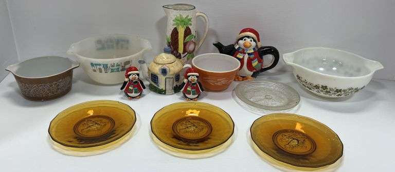 Orange Pyrex bowl, Brown Pyrex small casserole, Older white/blue bowl ...