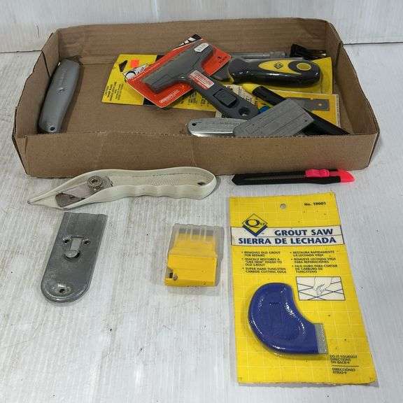 Razor knives, include: Exacto, Razer, Stanley roof linoleum hook with ...