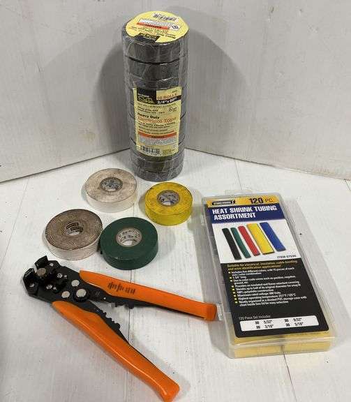 Electrical supplies, includes: (14) Rolls of tape, wire stripper tool ...