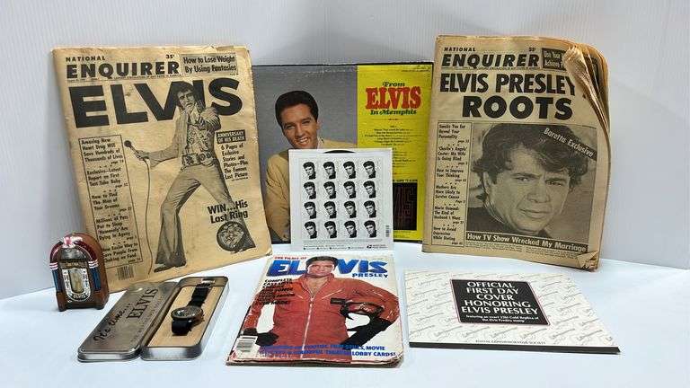 Assorted Elvis Presley items/memorabilia, USPS stamps, watch, 22k gold ...