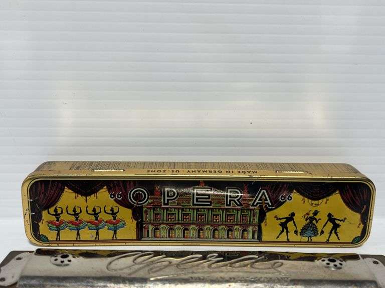 Old opera harmonica, made in West Germany, comes in a tin case, 6 1/2"W ...