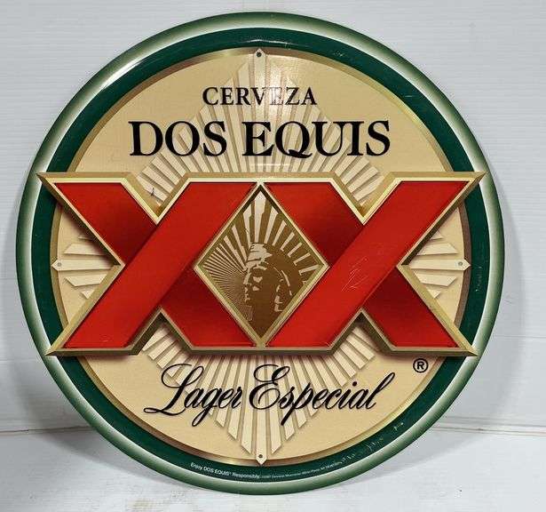 Metal "Dos Equis Beer" sign, round- 15 1/2"Dia - Albrecht Auction Service