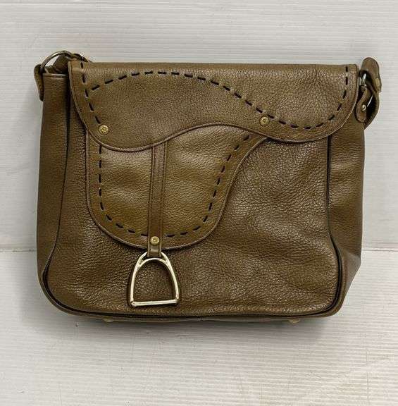 Brown leather brand casual Justin handbag, has flap front with saddle ...