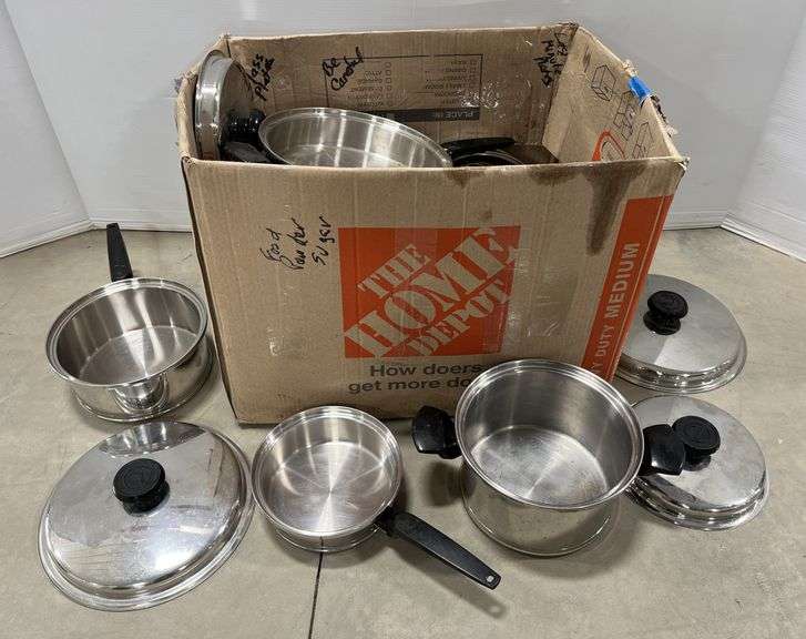 (19) Pieces of Lifetime pots and pans with lids, made in USA, heavy ...