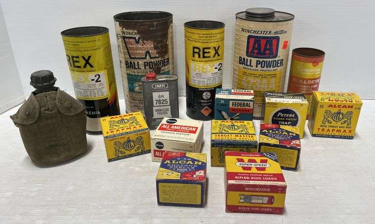 (9) Old empty shotgun shell boxes, (6) Old empty gun powder containers ...