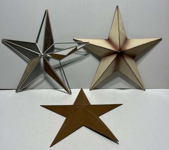 (3) Metal stars, one has mirror and tiled design, 23", 22", and 18 1/2 ...