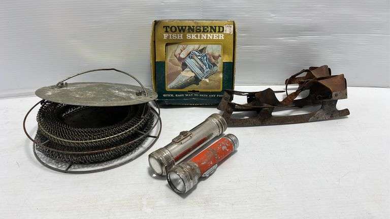 Hourglass bird feeder, fish skinner, (2) older flashlights, and ...