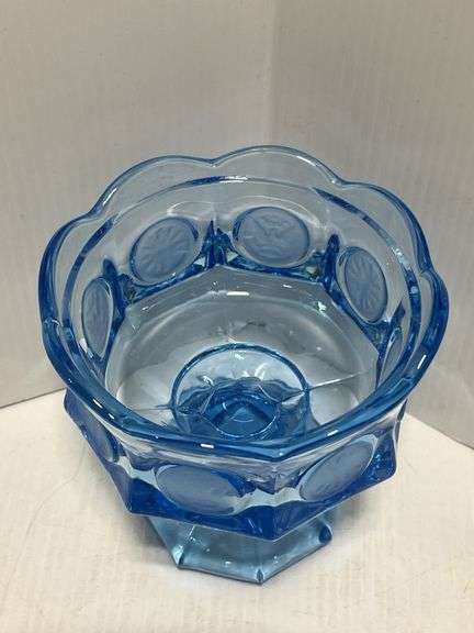 Glass Fostoria blue coin glass candy dish with lid, 8 1/2"H, excellent ...