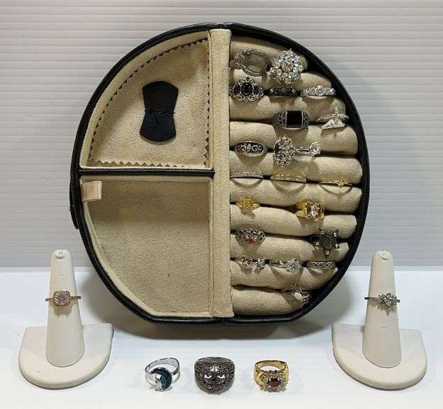 (26) Womens rings in ring case, many styles and markings, size 7 1/2 to ...