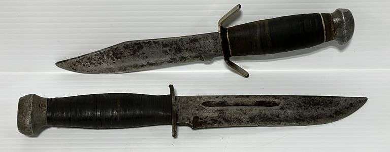 (2) Leather stacked knives, RH-36 Pal, 1- unknown, has markings, up to ...