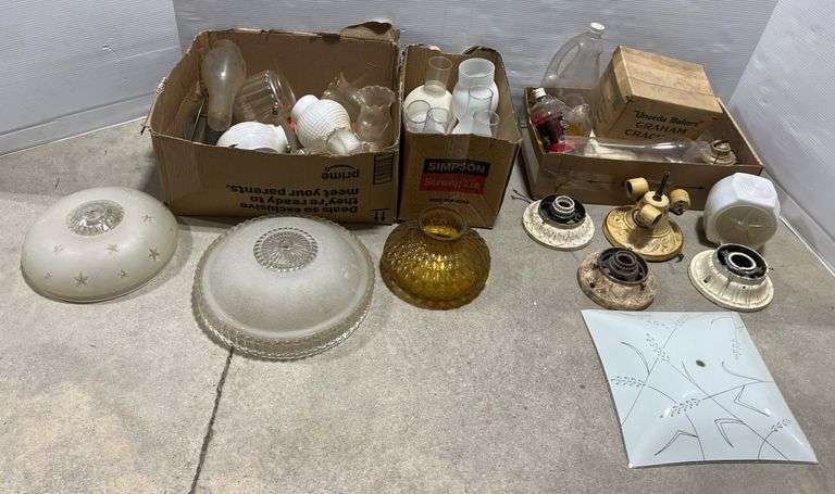 (3) Old light fixtures, Oil lamp, Chimneys, Light shades, and Lamp oil ...