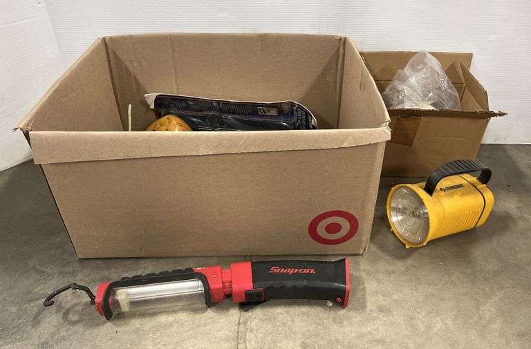(2) Old tractor head lights; (2) Flash lights, needs batteries; (2 ...