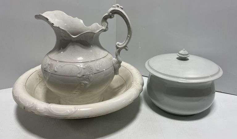 Ironstone pitcher, basin, and chamber pot, basin- 16"Dia, pot lid ...
