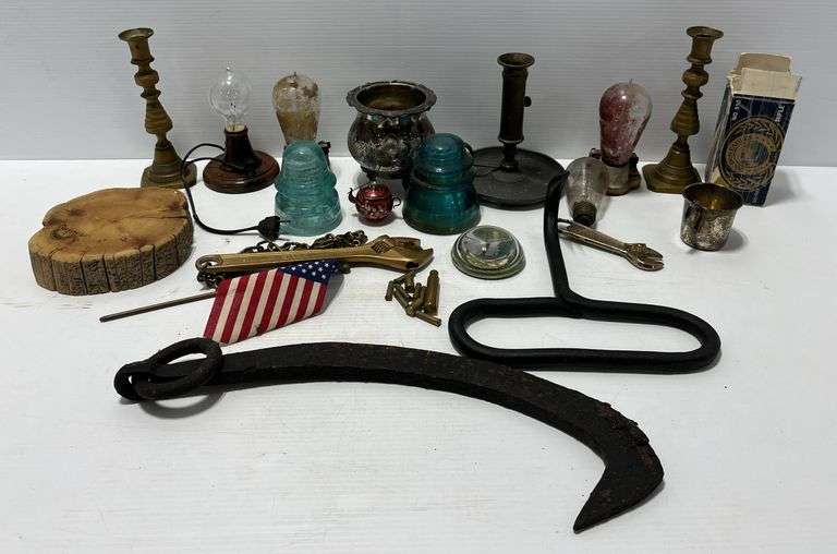 Assorted antiques, include: brass/sterling items, assorted decor, older ...