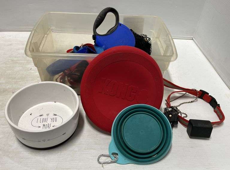Assorted dog items, include: Dishes, toys, leashes, and collars, need ...