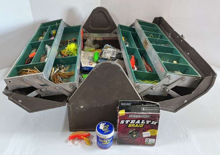 Older Kennedy tackle box full of lots of crankbaits, lures, spinners ...