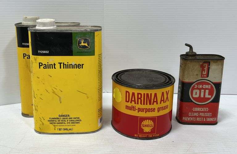 (4) Older tins, includes: John Deere, Shell Darina Ax, and 3-in-1 ...