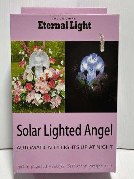 Original eternal light solar lighted angel, turns on at dark, box- 14"H ...