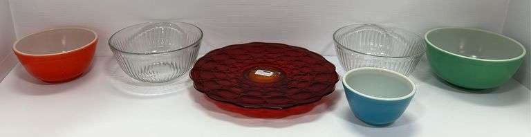 Pyrex primary colors dishes, include: Green, Red, and Blue; (2) Pyrex ...