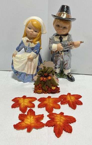 Ceramic pilgrim boy and girl figures and fall coaster set, up to 13 1/2 ...