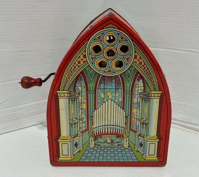 Tin church music box, 9 1/2" x 7 1/2", by J. Chien, USA, Vintage from ...