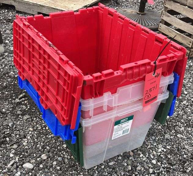 Set of (3) very nice storage bins with attached lids, shop bins ...