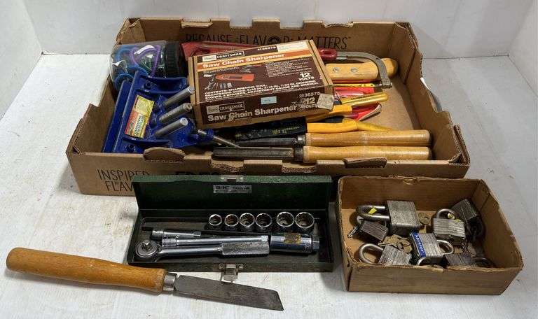 Assorted tools, include: Ridge pipe wrench; Old wrenches, one is Ford ...