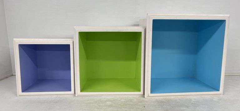 (3) Wall hanging wall cubes, white with painted interiors, blue- 14" x ...