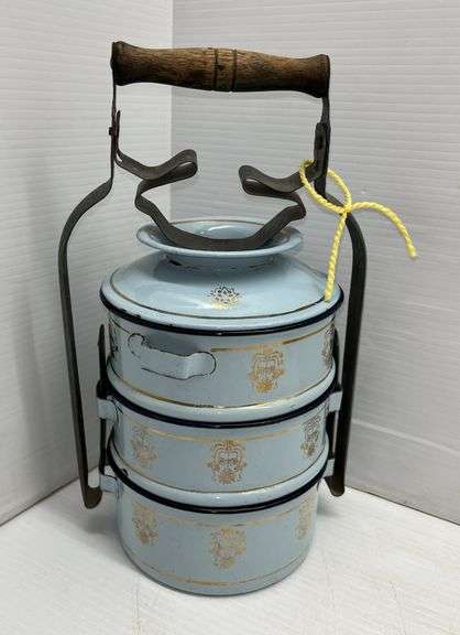Older stackable lunch pail, blue Enamelware with wooden handle, total ...