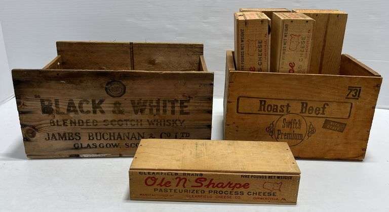 (7) Older wooden crates and boxes, includes: 5- Cheese boxes, Roast ...