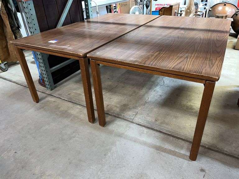(2) Older library tables, wood legs mount to bottom of table with metal ...