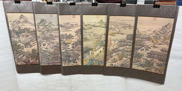 (6) Asian paper panels with artist chop/signature (red square stamp ...