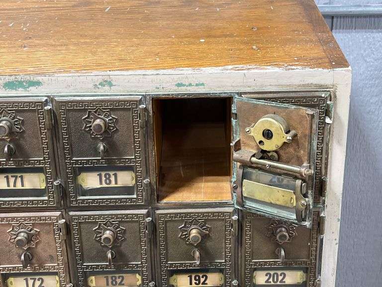 1958 U.S. Post Office Cabinet, oak case, 90 mailboxes with bronze doors ...