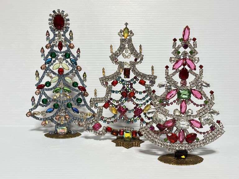 (3) Older Czech rhinestone Christmas trees, soldered art, 7 1/4", 7 1/2 ...