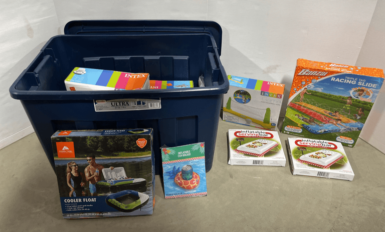 Water/pool activities and floats, include: Racing slide, Pool ...