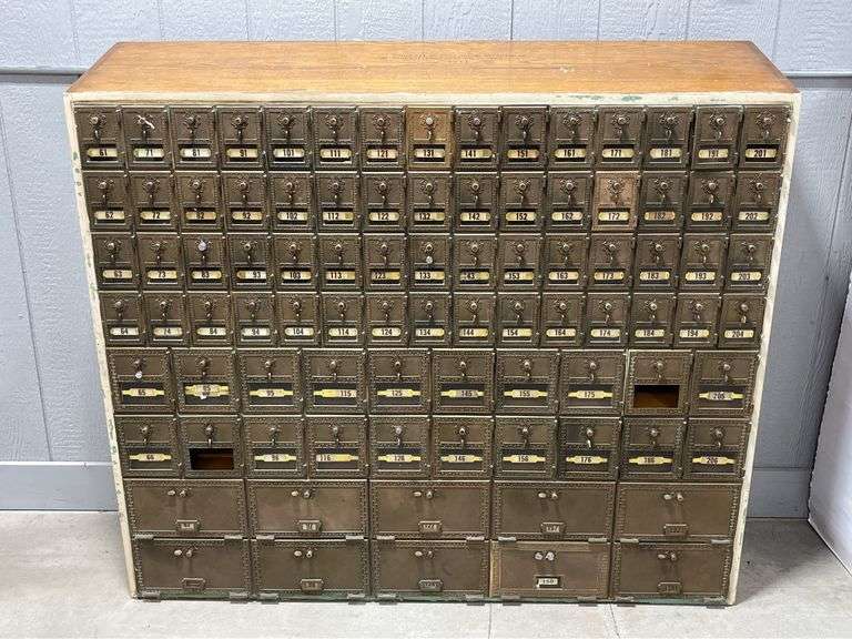 1958 U.S. Post Office Cabinet, oak case, 90 mailboxes with bronze doors ...