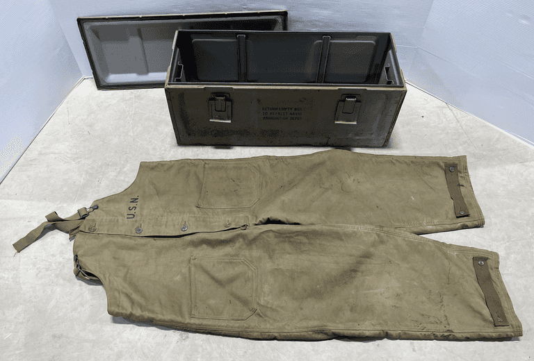 WWII Naval Ammo Box, held MK2 Rockets; WWII US Navy Deck Trousers ...
