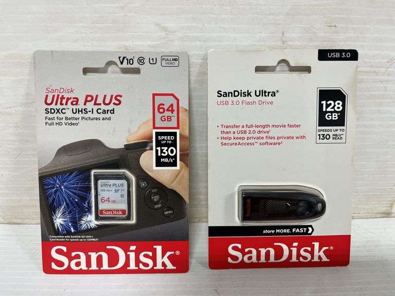 Sandisk Ultra USB 3.0 flash drive, 128 GB; Sandisk ultra plus SDXC UHS ...