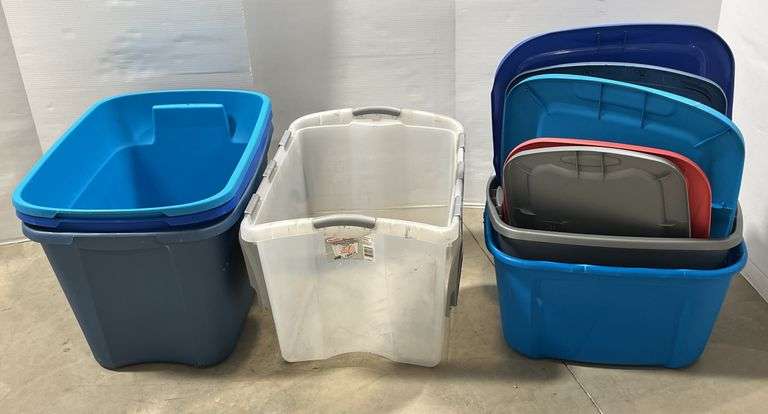 (6) Storage totes with lids, different sizes, up to 62-quart, great ...
