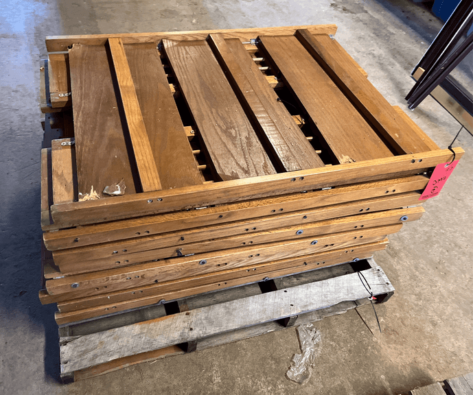 (8) Solid oak framed decorator folding/stackable shelving units, shelves need attention ...