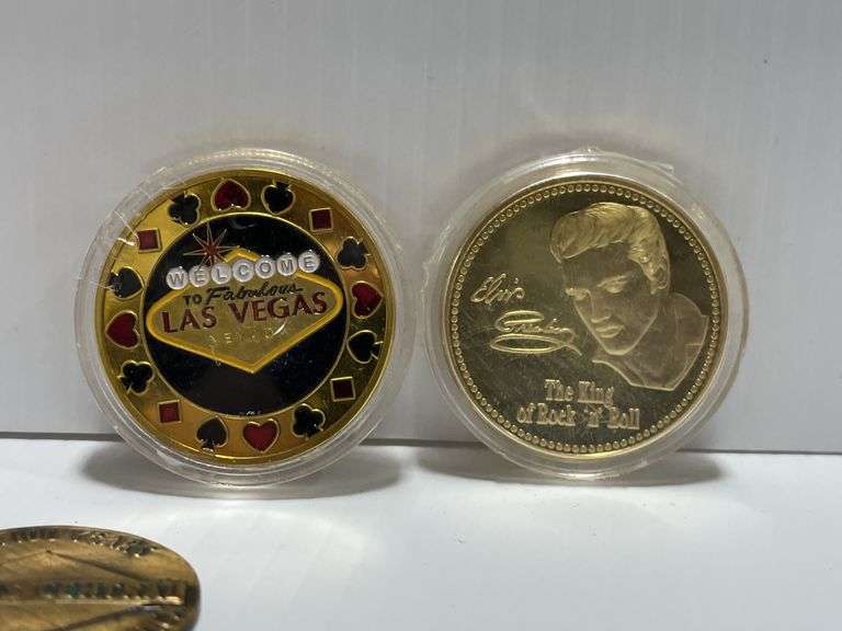 Elvis token, Las Vegas coin, and (2) Old railroad tokens - Albrecht ...