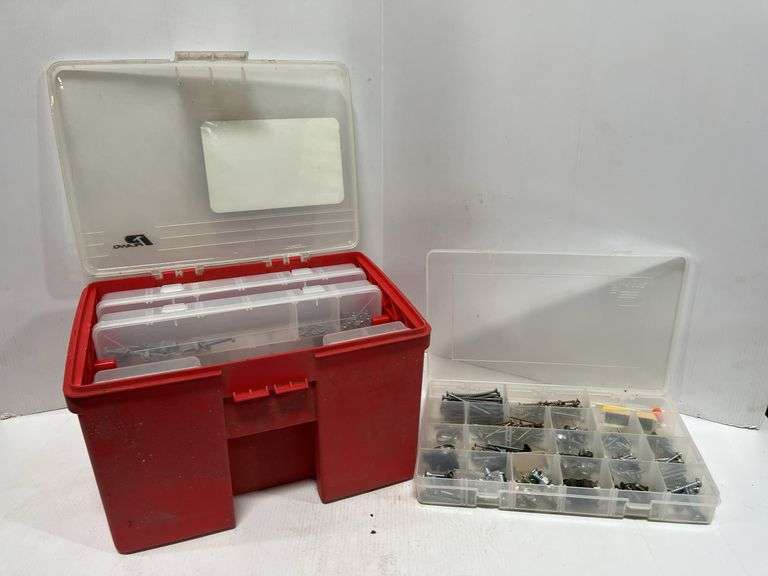 (4) Plano Stowaway organizers full of fasteners with storage crate ...