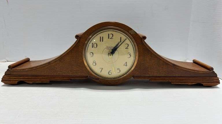 Older ingraham self-starting wood mantle clock, model ST320, 18"W x 5"H ...