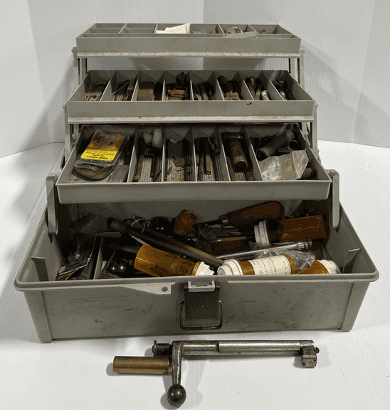 Tackle box full of misc. gun parts and tools, 8"W x 7 1/2"D x 14 1/2"L ...