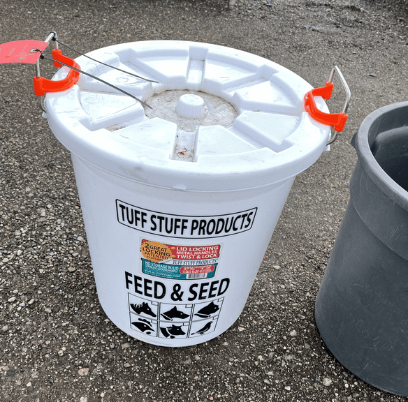 (2) Buckets, include: Feed/seed bucket with lid, nice; Gray bucket, no ...