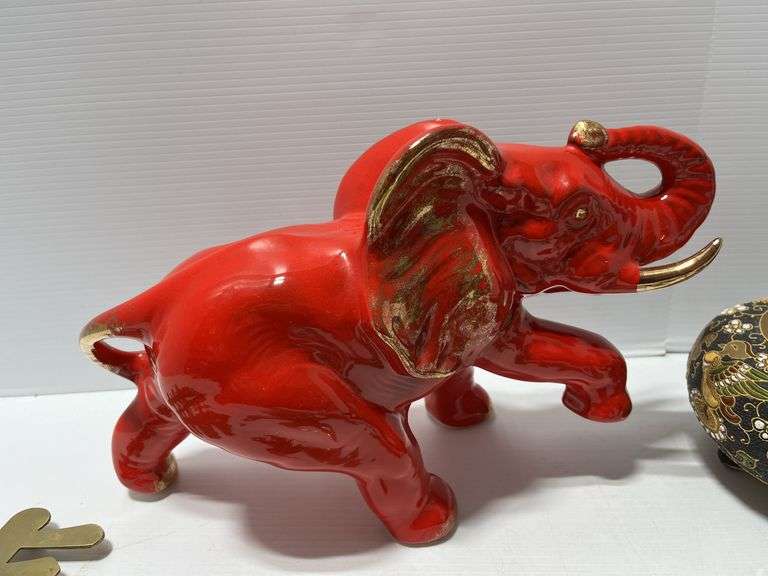 Brass letter/symbols, red ceramic elephant, blue cherry blossom vase ...