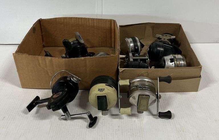 (2) Boxes of reels, box with seven all work, box of six need repairs ...