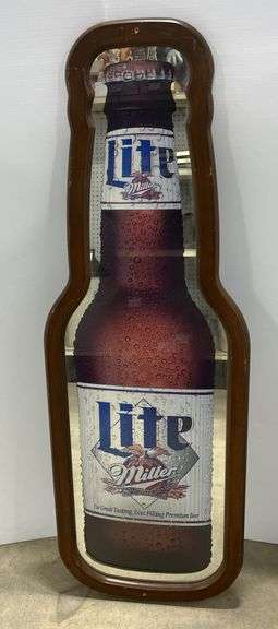 Large Miller Lite beer bottle mirror with wooden frame, 15" x 44 ...