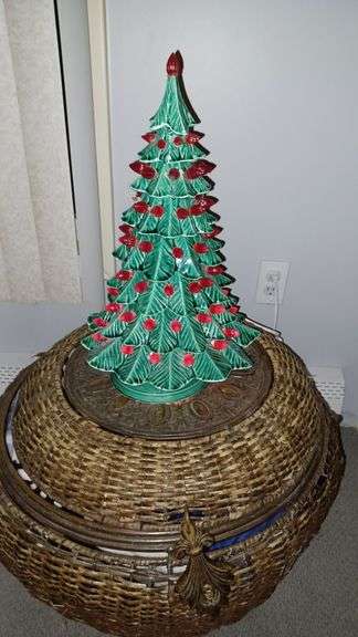 Ceramic Christmas tree, lights up, is missing one red bulb cover, 17 1/ ...