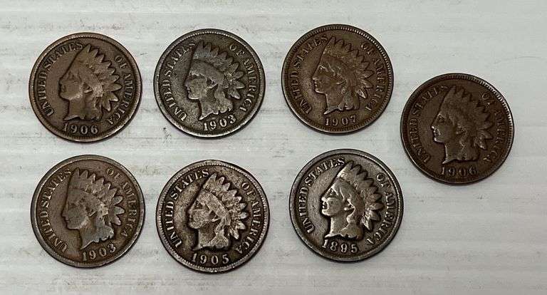 (7) Indian Head Pennies: 1895, Two- 1903, 1905, Two- 1906, and 1907 - Albrecht Auction Service